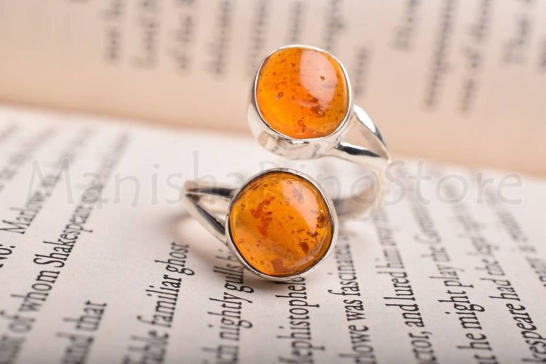 Double Amber Ring 925 Sterling Silver Round Shape Orange - Etsy