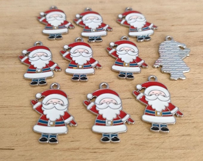10x Silver Santa Christmas Charms, Xmas Alloy Enamel Pendants, Happy ...