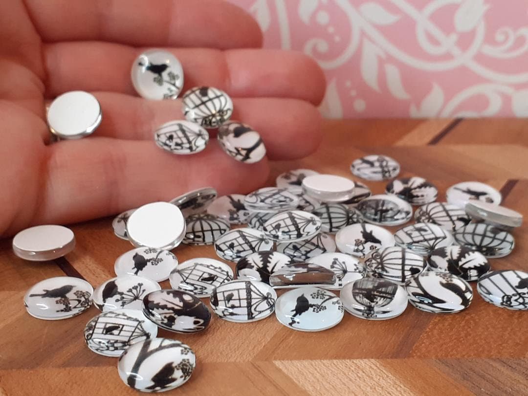 Black and White Bird Print Cabochons, 12mm Cabochons, Printed Bird ...