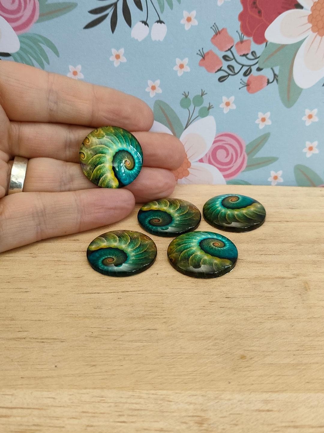 6x Peacock Feather Print Cabochons, 25mm Cabochons, Printed Bird ...