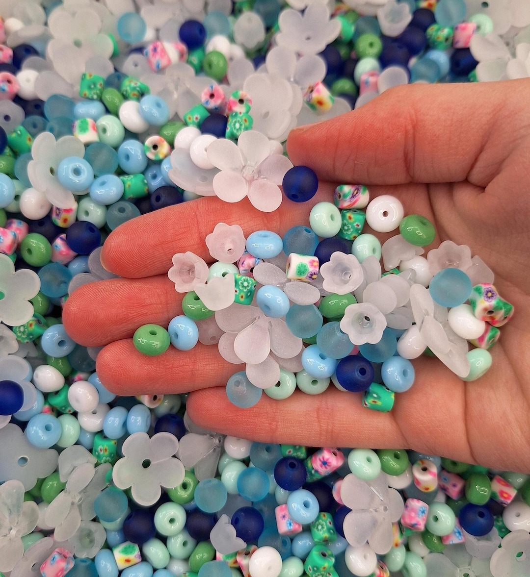 Floral Polymer Mix Bead Soup 50g Mixture of Beads Pastel Themed Blue ...