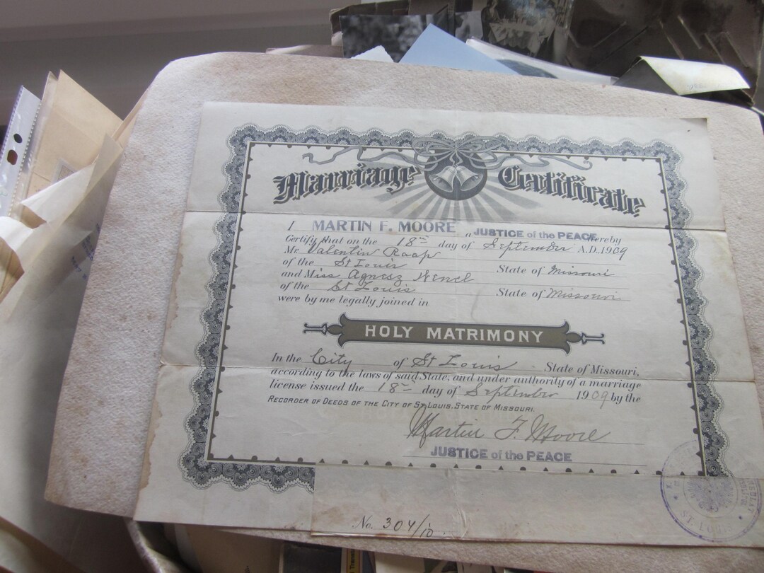 Marriage Certificate 1909 Martin F Moore Signatures Justice of the ...