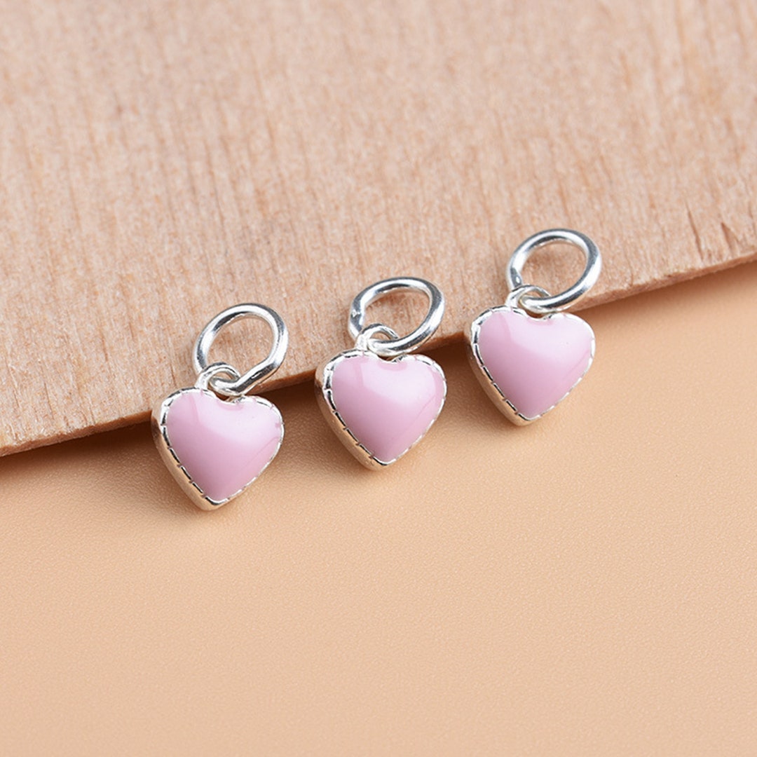 Sterling Silver Enamel Heart Charm, S925 Silver Pink Heart Charm for ...