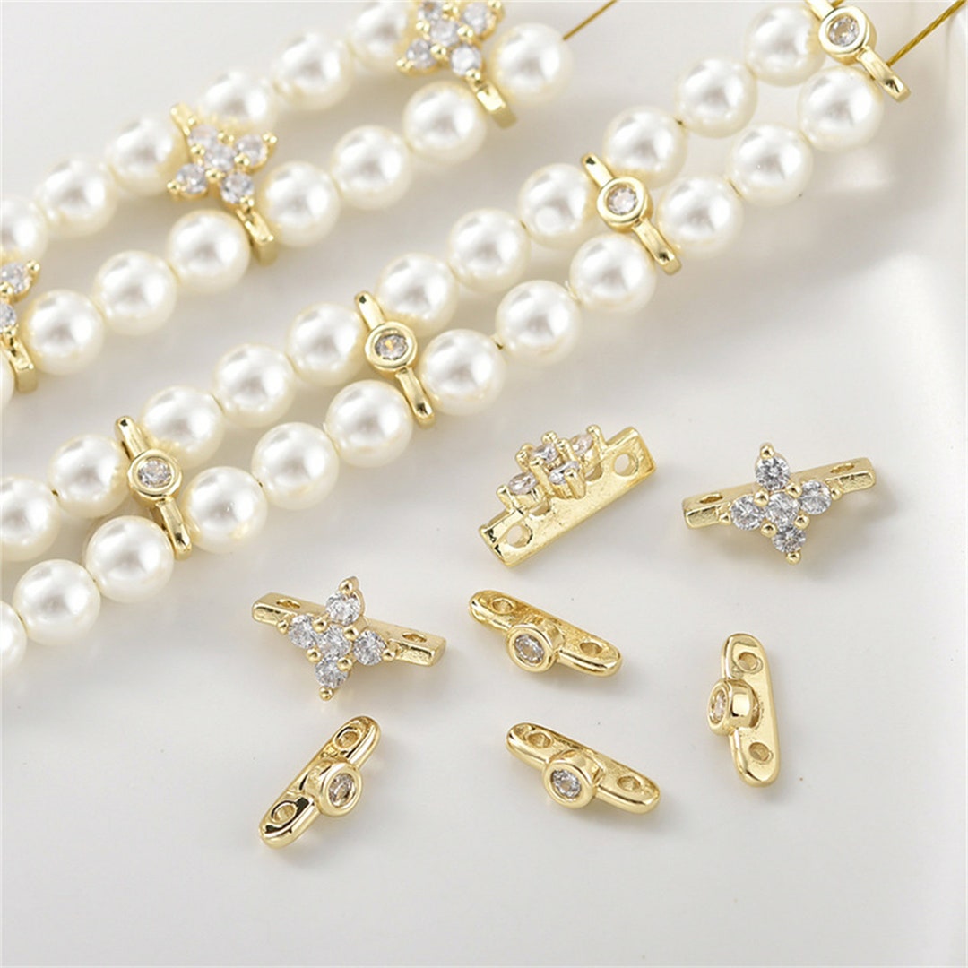 14K Gold Plated CZ Clover Beads, Double Hole Bar Bead, CZ Round Zircon ...