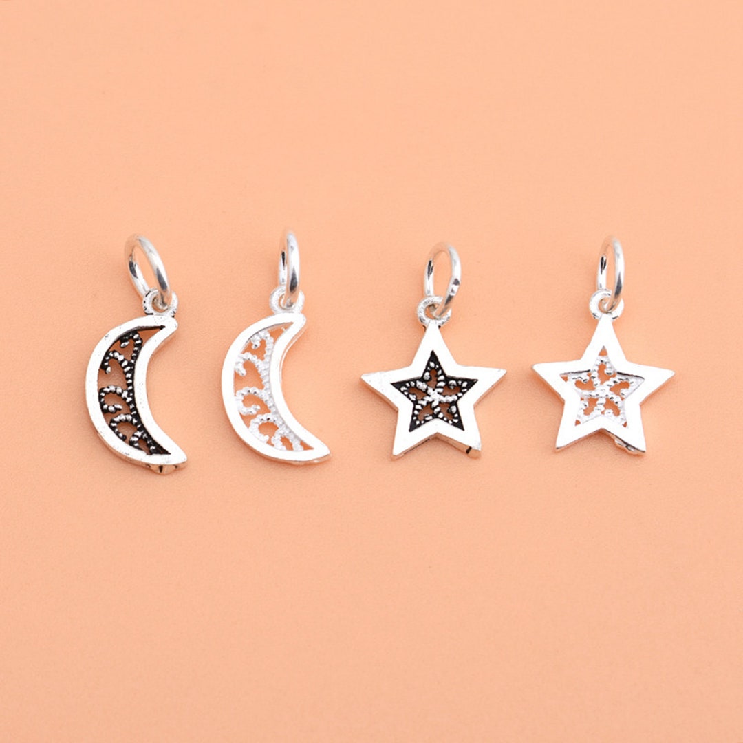 Sterling Silver Star and Moon Charm Pendant, Celestial Bracelet, Starry ...