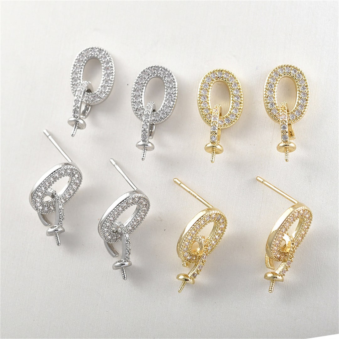 14K Gold Plated Earring Settings, Oval Earring Post, CZ Hollow Ear Post ...