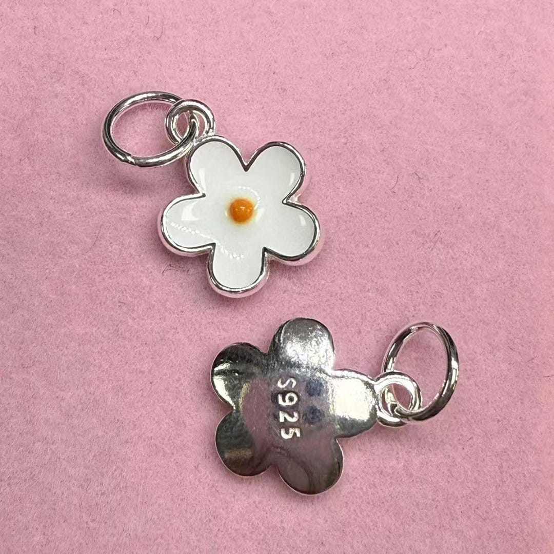Sterling Silver Enamel Daisy Charm Pendant, Bloom Bracelet, Garden ...