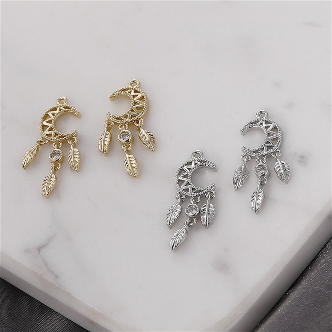 14K Gold Plated CZ Moon Dreamcatcher Charm Pendant, Boho Chic Bracelet ...