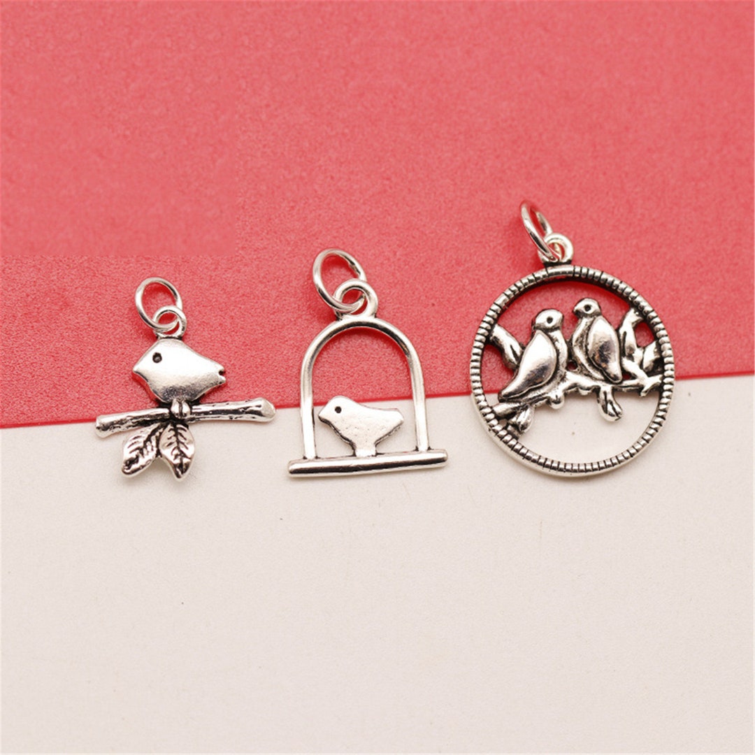 Sterling Silver Bird Charm Pendant, Magpie Bracelet, Birdcage Necklace ...