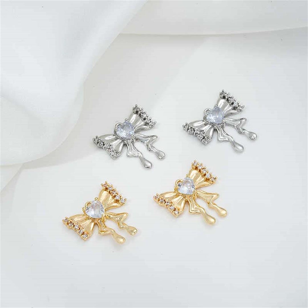 14K Gold Plated Delicate Bow Charm Pendant, Heart CZ Bow Knot Bracelet ...