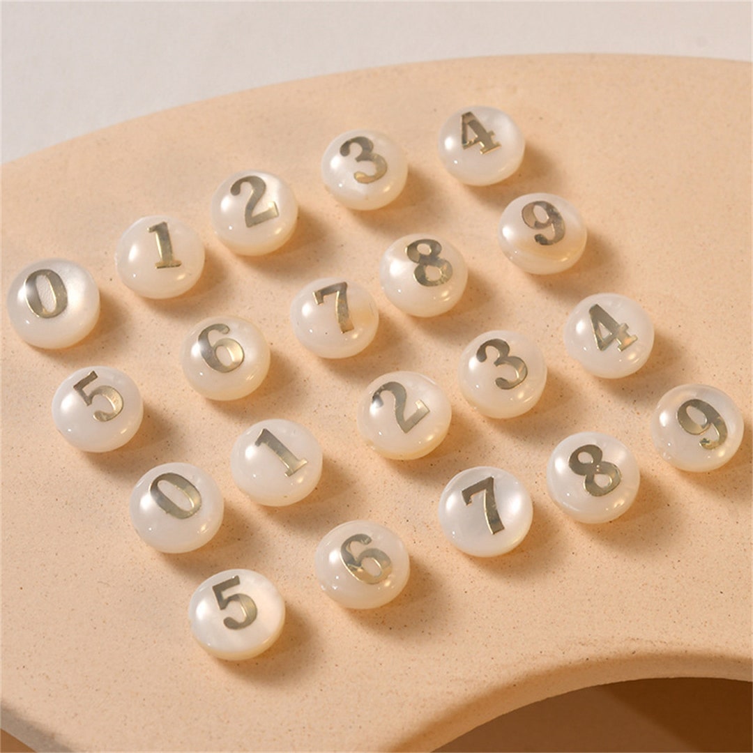 Gold Plated Number Flat Round Beads, White Shell Digit Bead, Figure ...