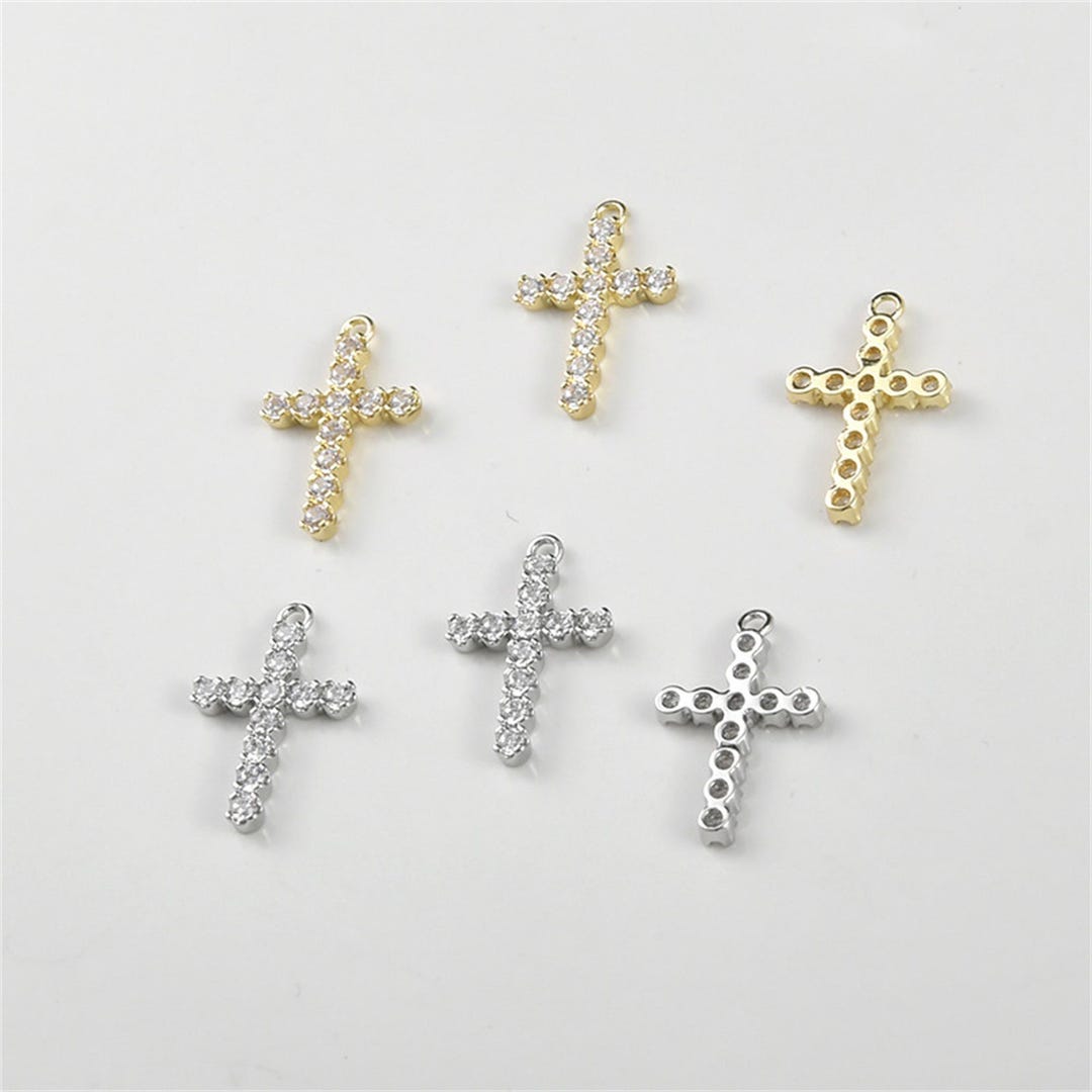 14K Gold Plated CZ Pave Cross Charm Pendant, Christian Bracelet, Faith ...