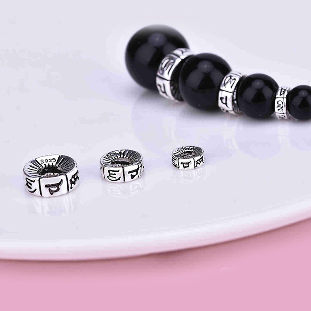 Sterling Silver OM Mantra Beads, Prayer Bead, Mala Bead, Tibetan Bead ...