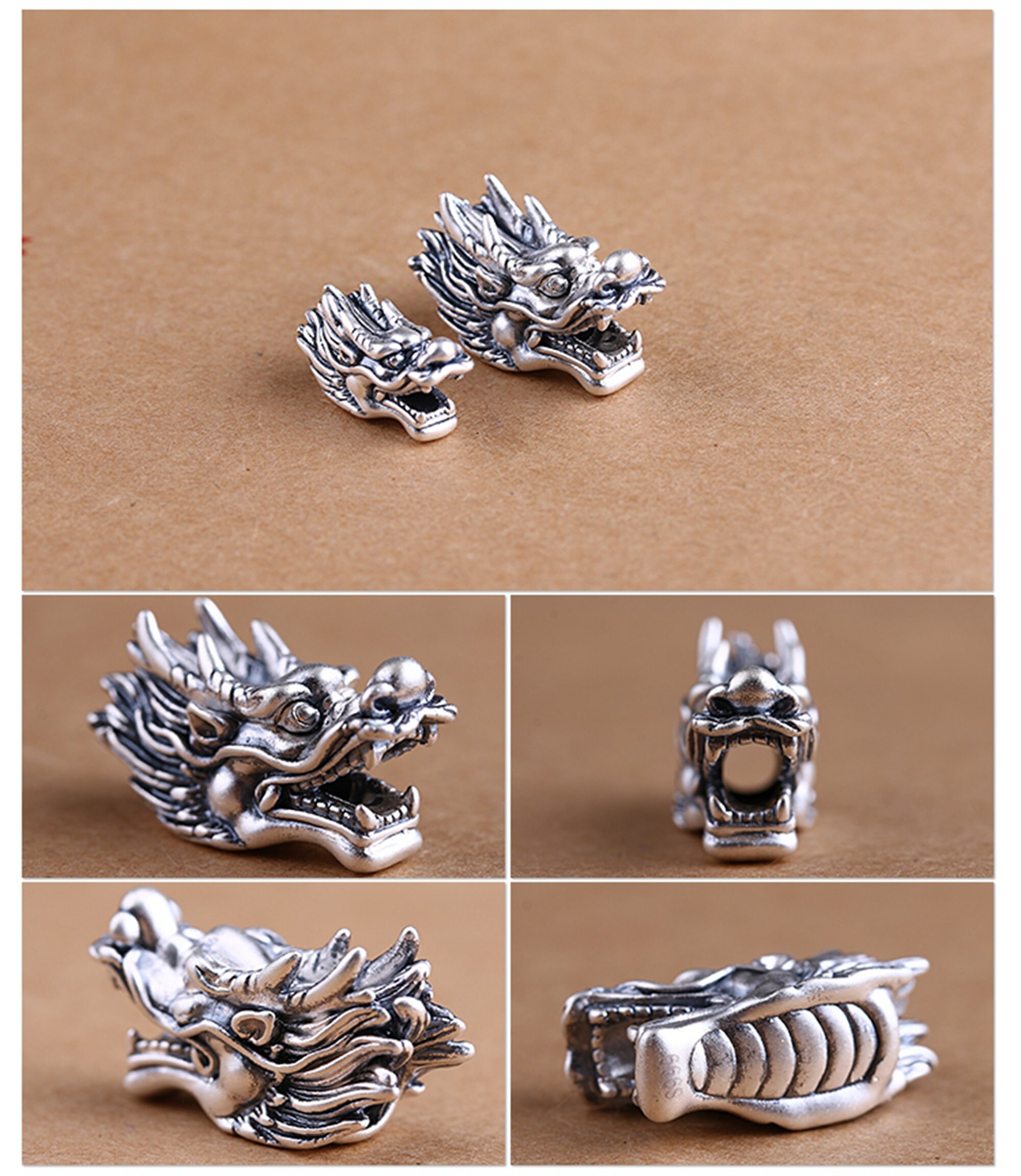 Sterling Silver Dragon Beads 3D, Silver Dragon Head Beads, S999 Silver ...