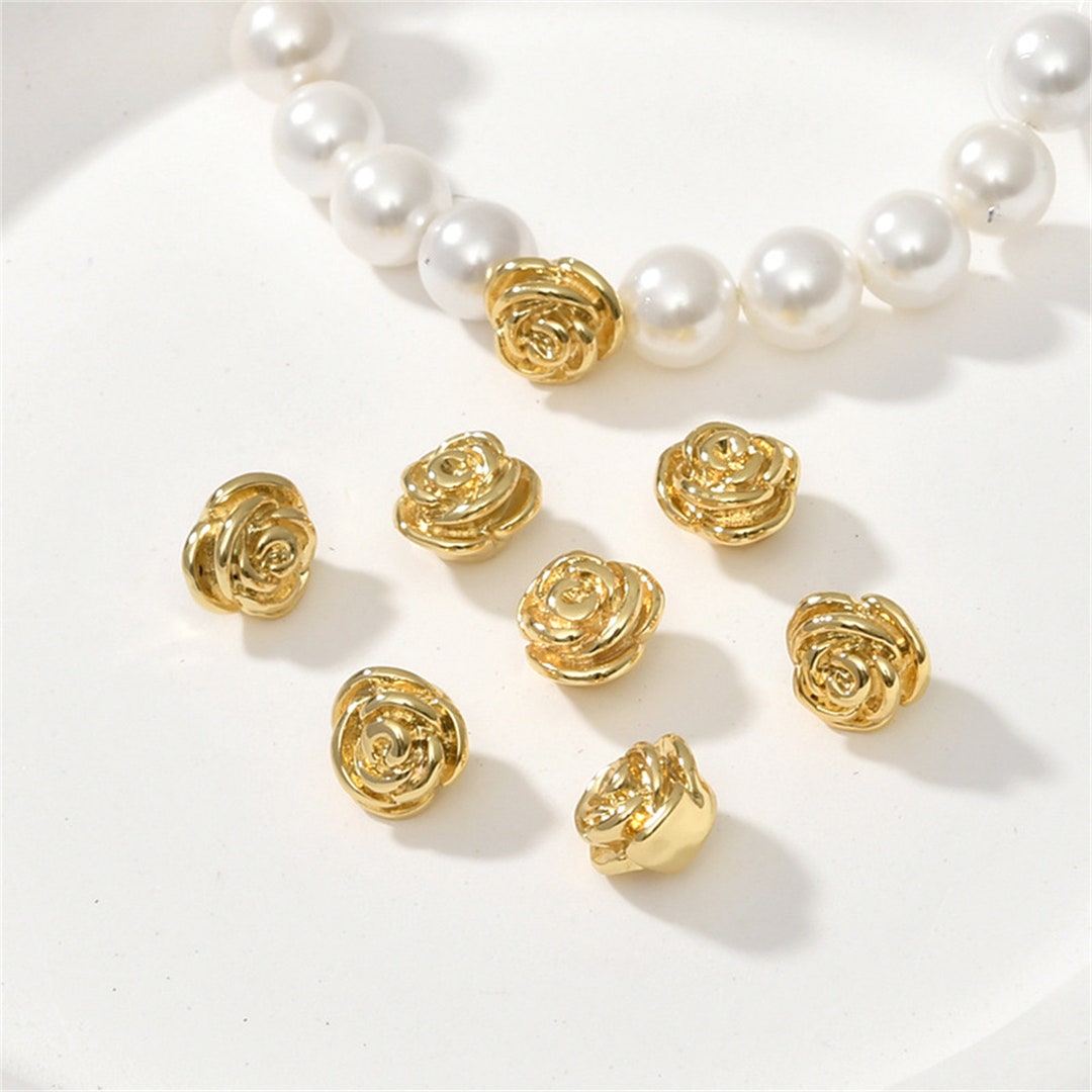 18K Gold Plated Rose Beads, Flower Bead, Romantic Bead, Rosebud Bead ...