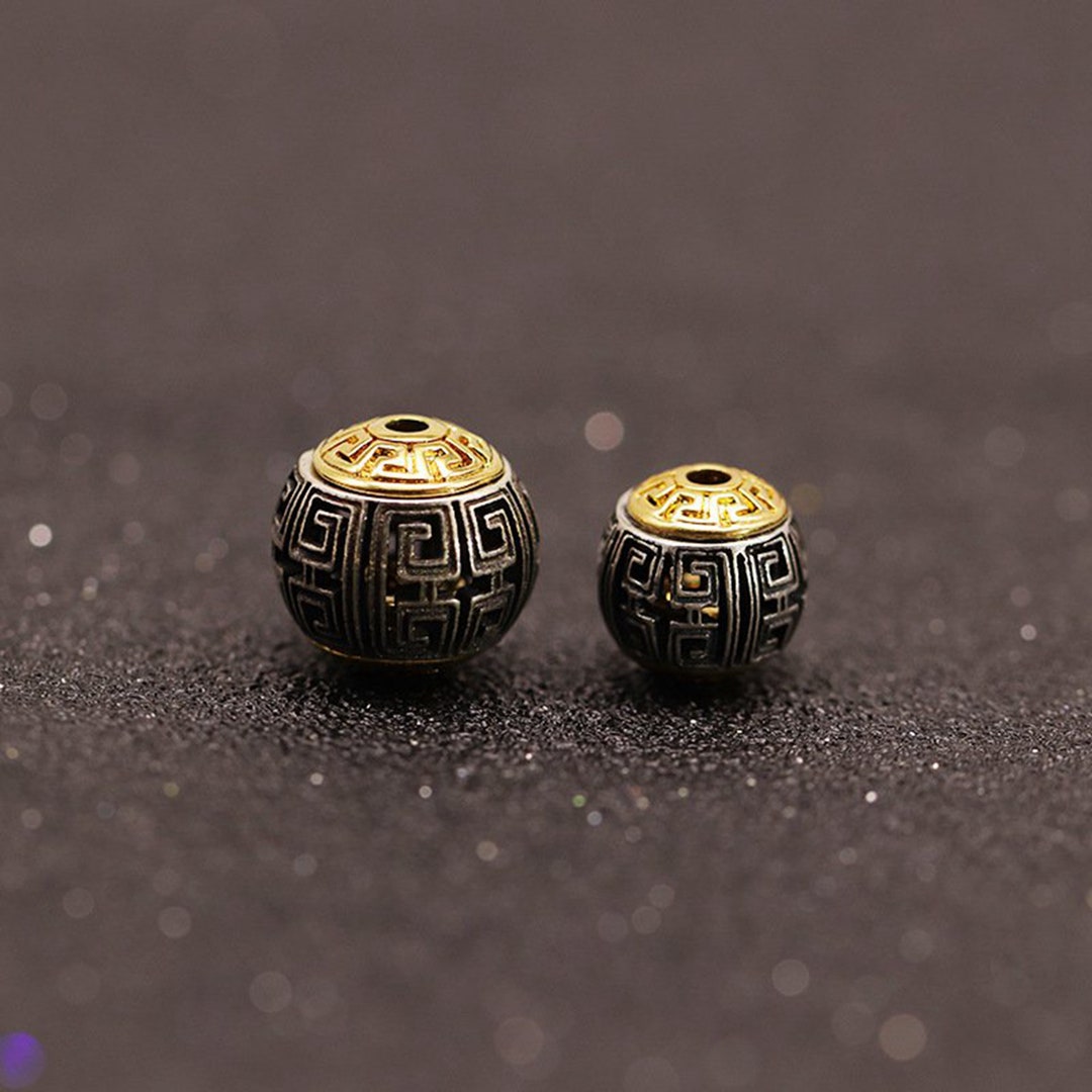 8K Gold Plated Over Sterling Silver Greek Key Ball Beads, Meander Bead ...