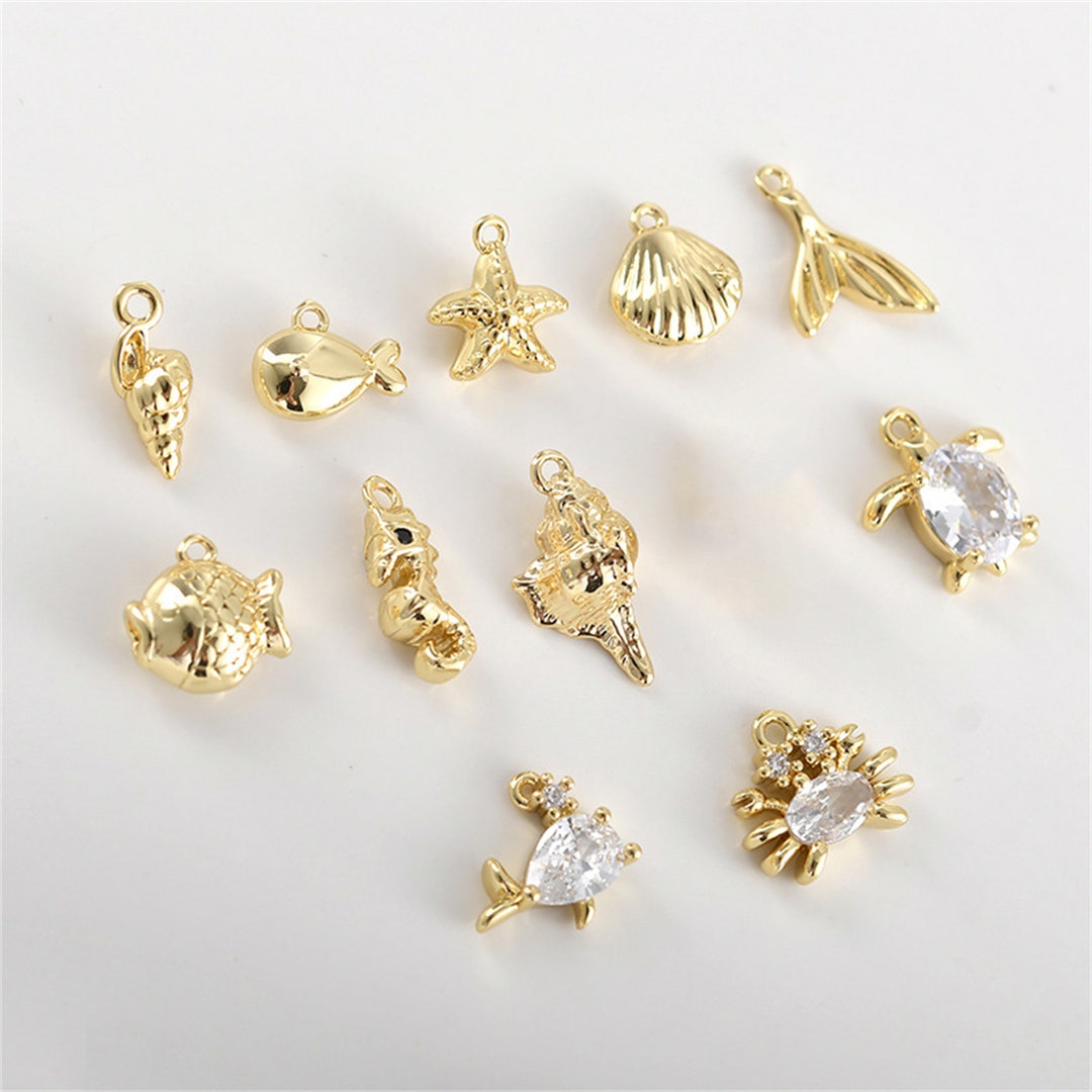 14K Gold Plated Conch Shell Charm Pendant, CZ Crab Bracelet, Starfish ...