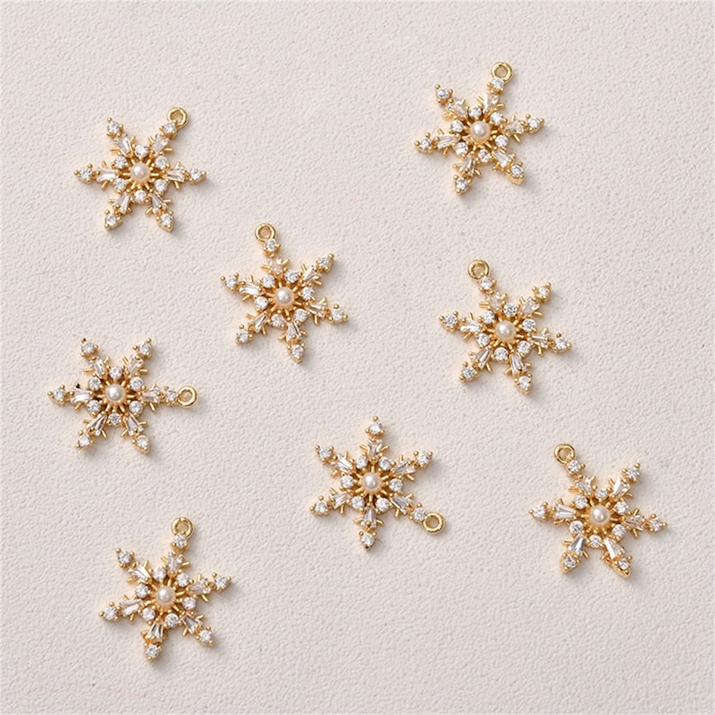 14K Gold Plated CZ Snowflake Charm Pendant, Winter Bracelet, Christmas ...