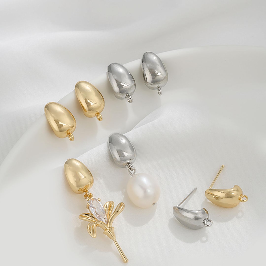 14K Gold Plated Teardrop Earring Post W/ Loop, Gold Tone Plain Oval Ear ...