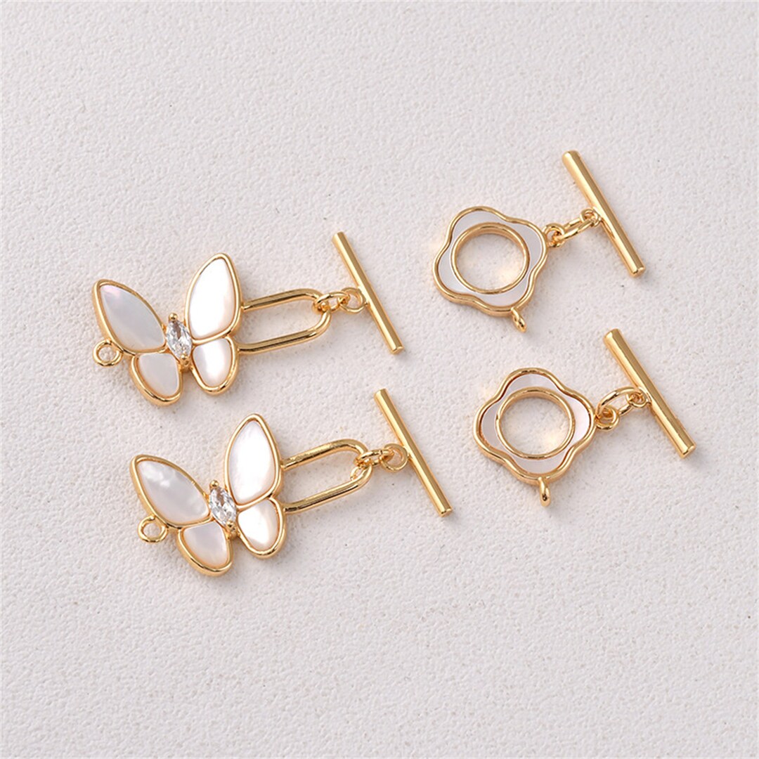Gold Plated Shell Butterfly Toggle Clasp, 925 Silver Four Leaf Toggle ...