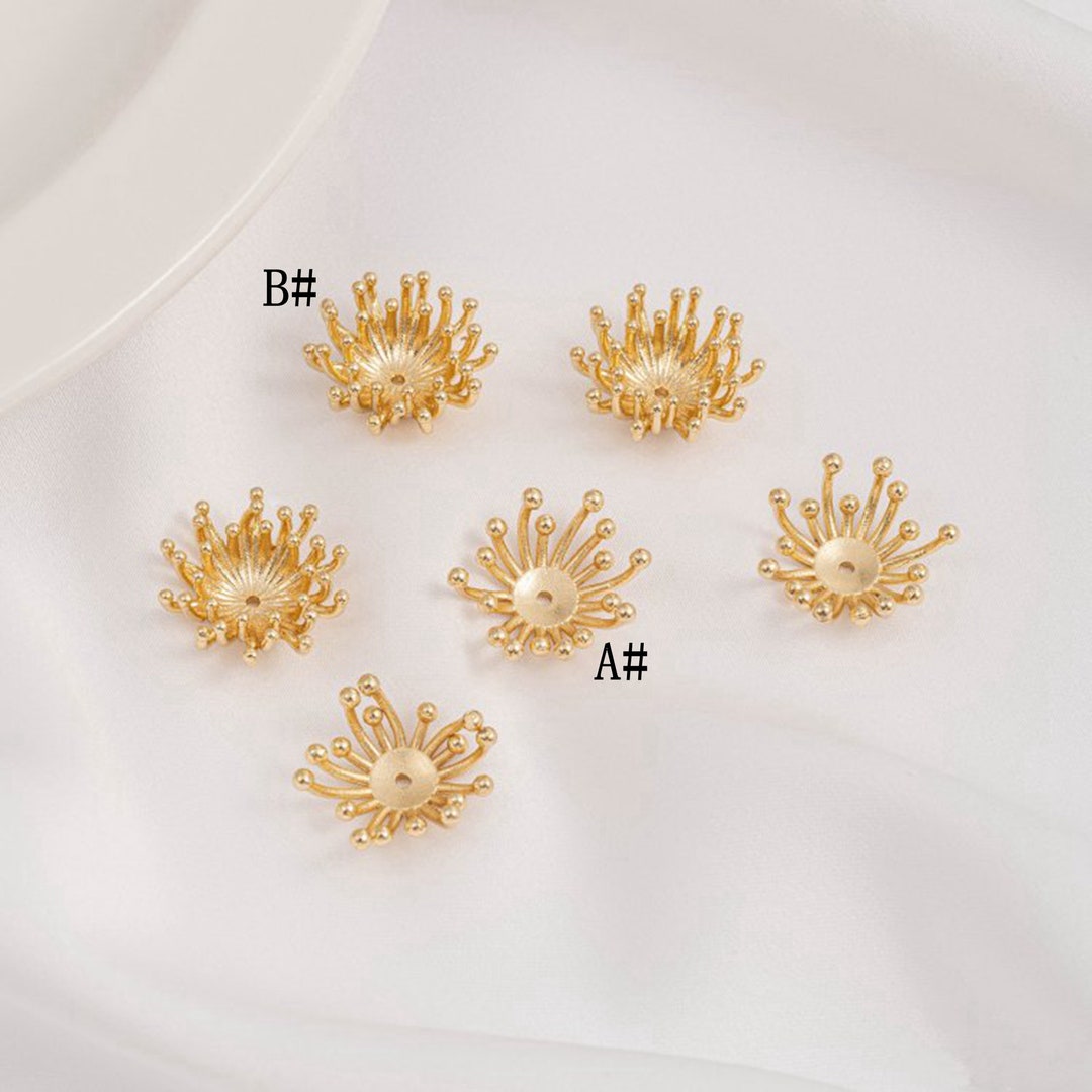 14K Gold Plated Flower Beads Cup, Gold Stamen Flower Heart Bead Cap ...