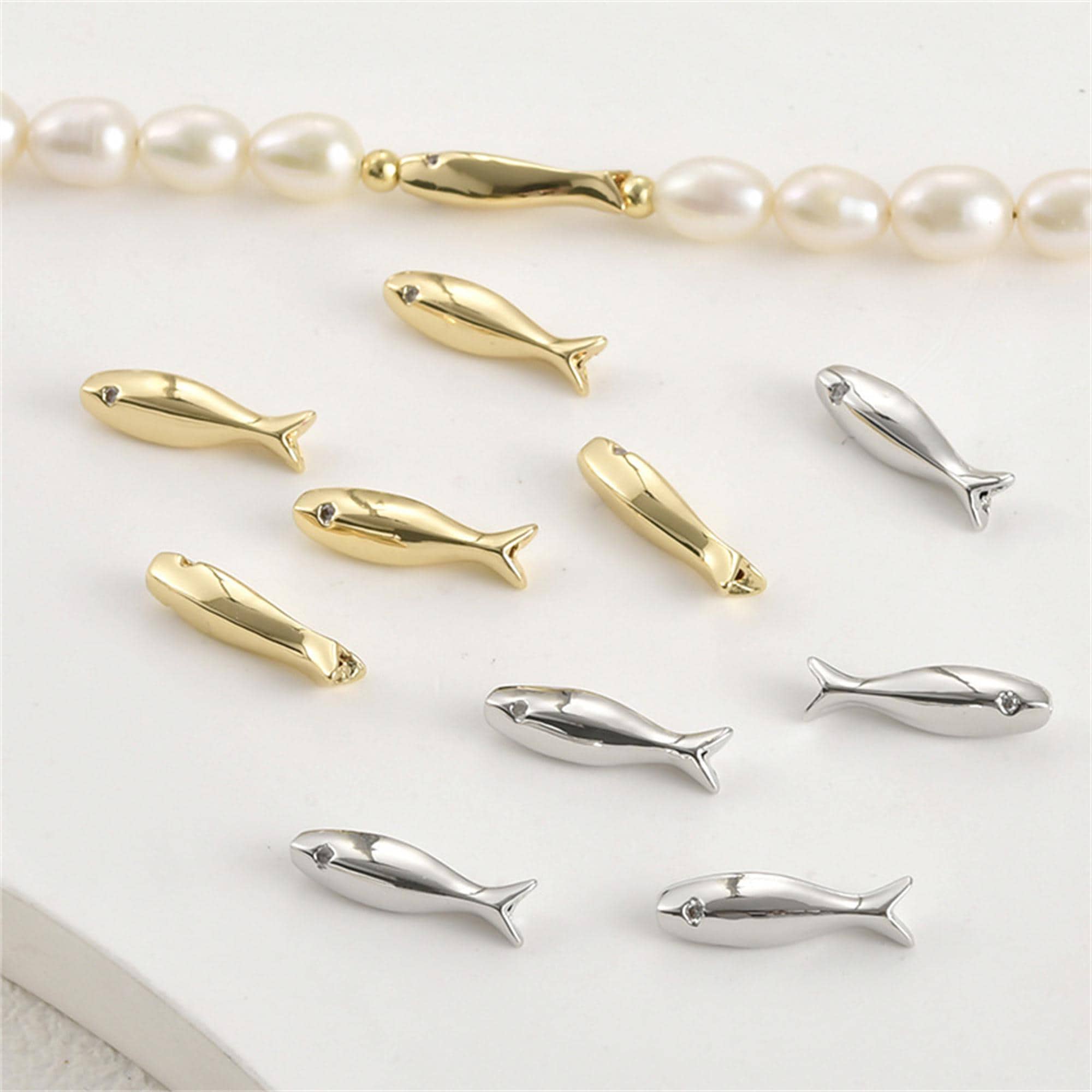 14K Gold Plated CZ Fish Beads, Sea Life Bead, Ocean Bead, Marine Bead ...