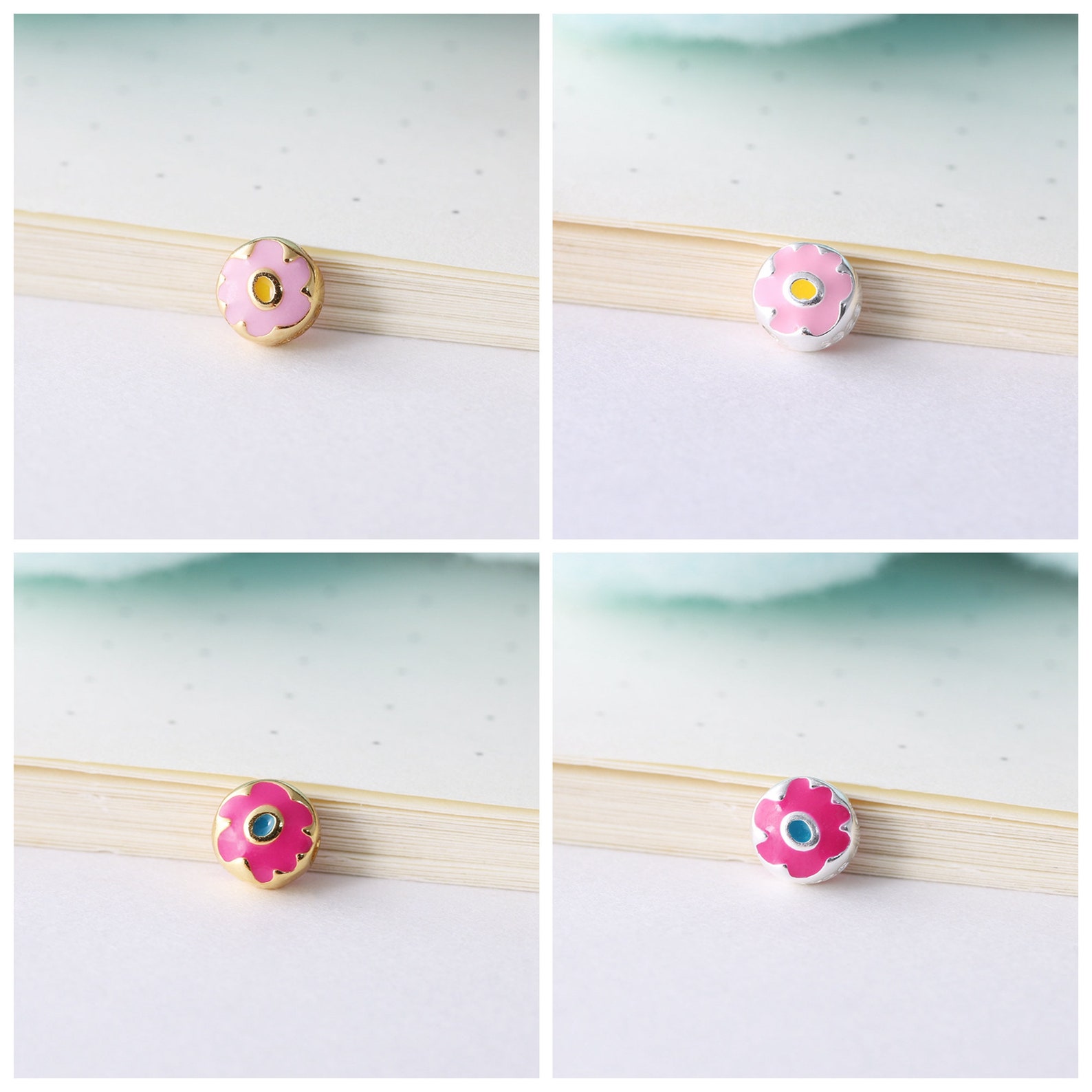 Sterling Silver Enamel Flower Beads, Round Floral Bead, Garden Bead ...