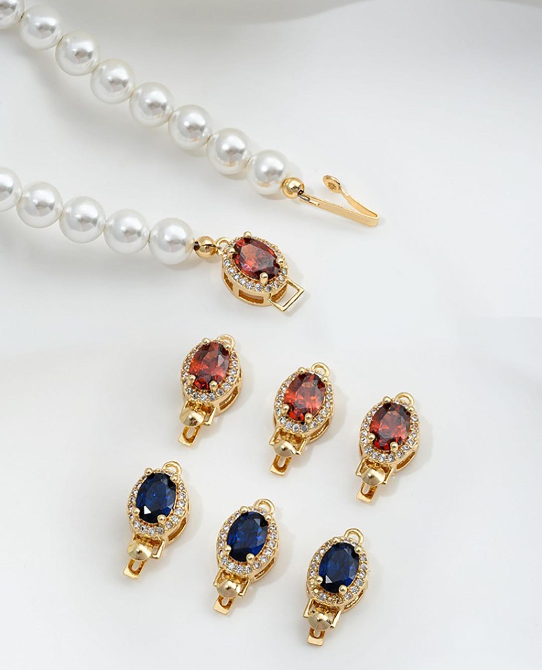 14K Gold Plated CZ Zircon Oval Pearl Clasps, Side Lock Clasp, Push-in ...