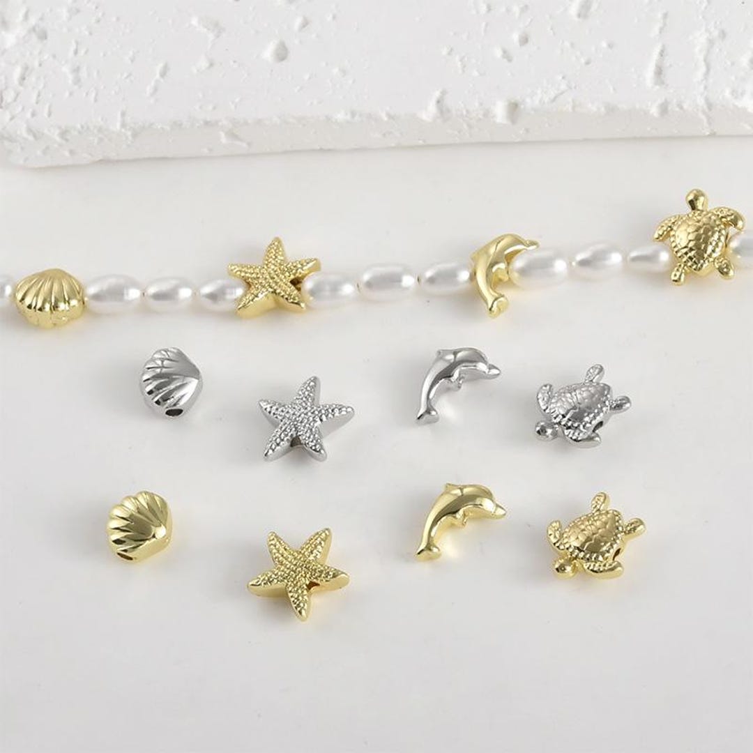 14K Gold Plated Starfish Bead, Dolphin Bead, Shell Bead, Sea Turtle ...