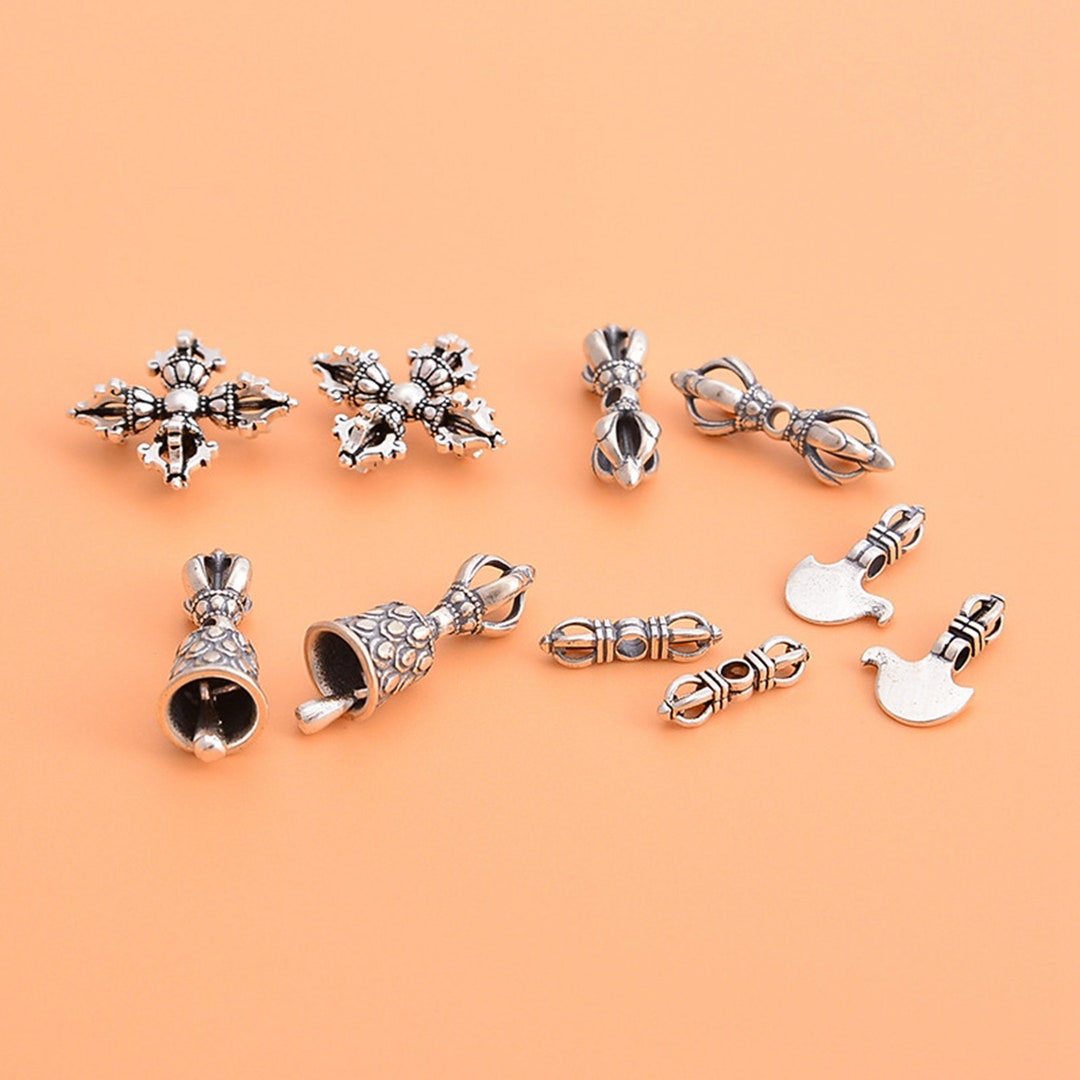 Sterling Silver Vajra Dorje Cross Beads, S925 Silver Dorje Bell Beads ...