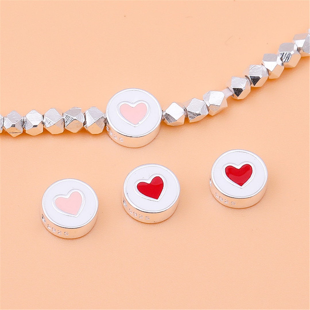 Sterling Silver Enamel Heart Beads , Valentine Bead, Romantic Bead ...