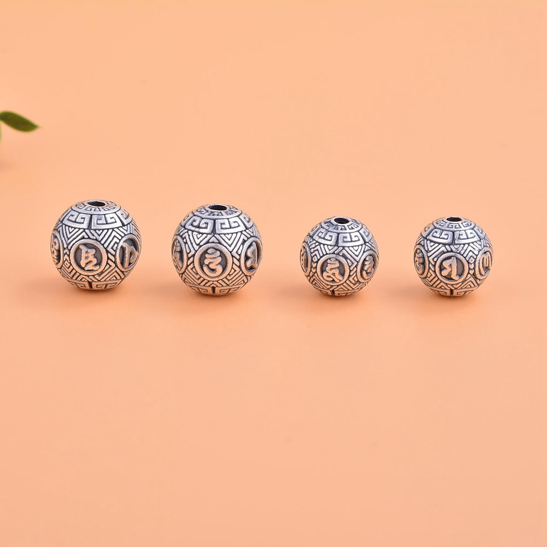 Sterling Silver OM Mantra Beads, Prayer Bead, Mala Bead, Tibetan Bead ...