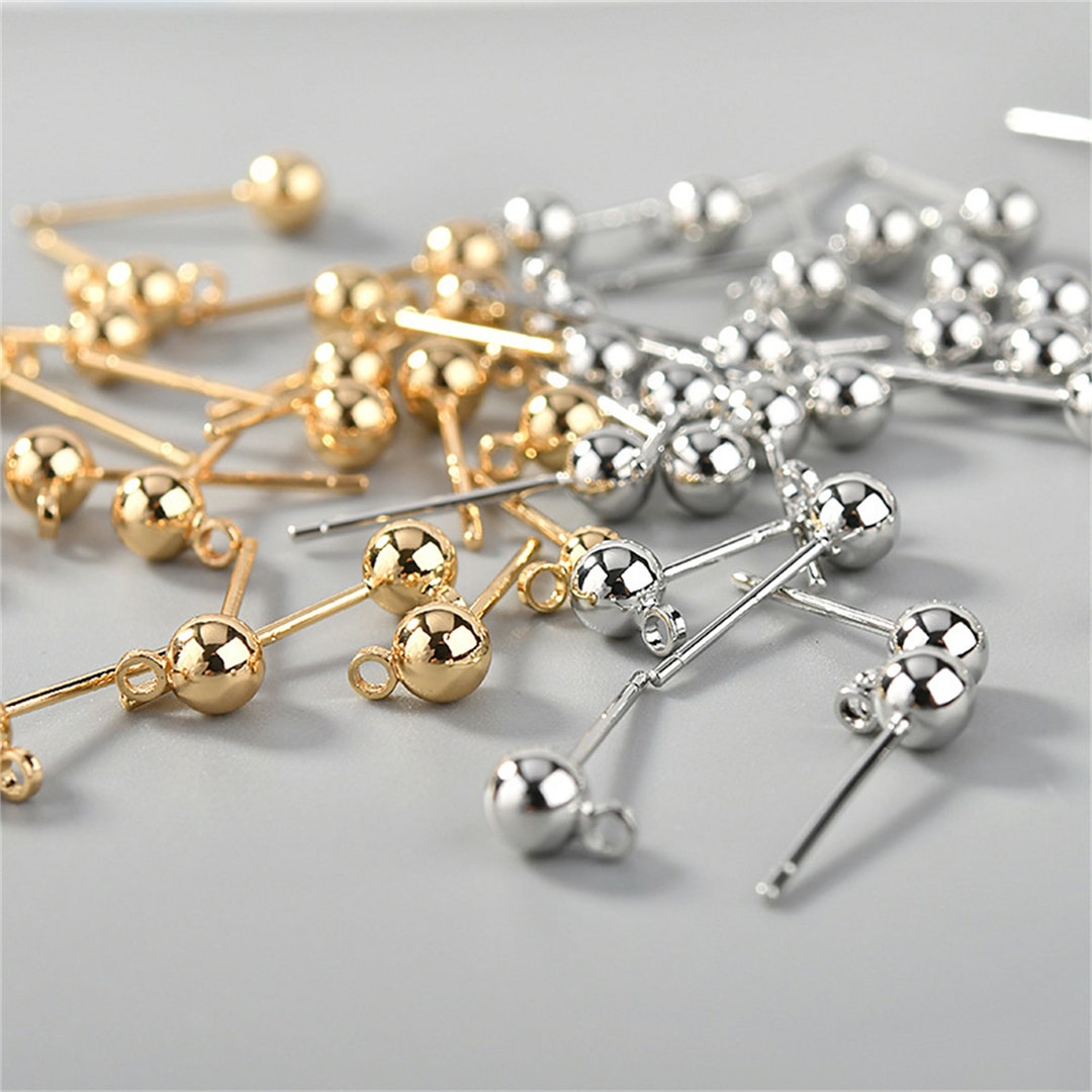 18K Gold Plated Ball Earring Post With Closed Loop, Round Ball Post ...