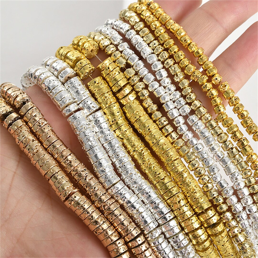 Natural Lava Wheel Bead, Volcanic Rock Flat Round Bead, Gold Plated ...