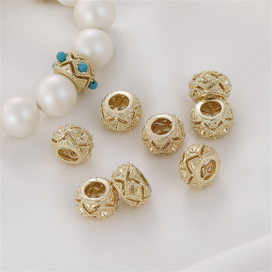 14K Gold Plated CZ Wheel Bead, Flat Round Bead, Hollow Bead, Rhombus ...