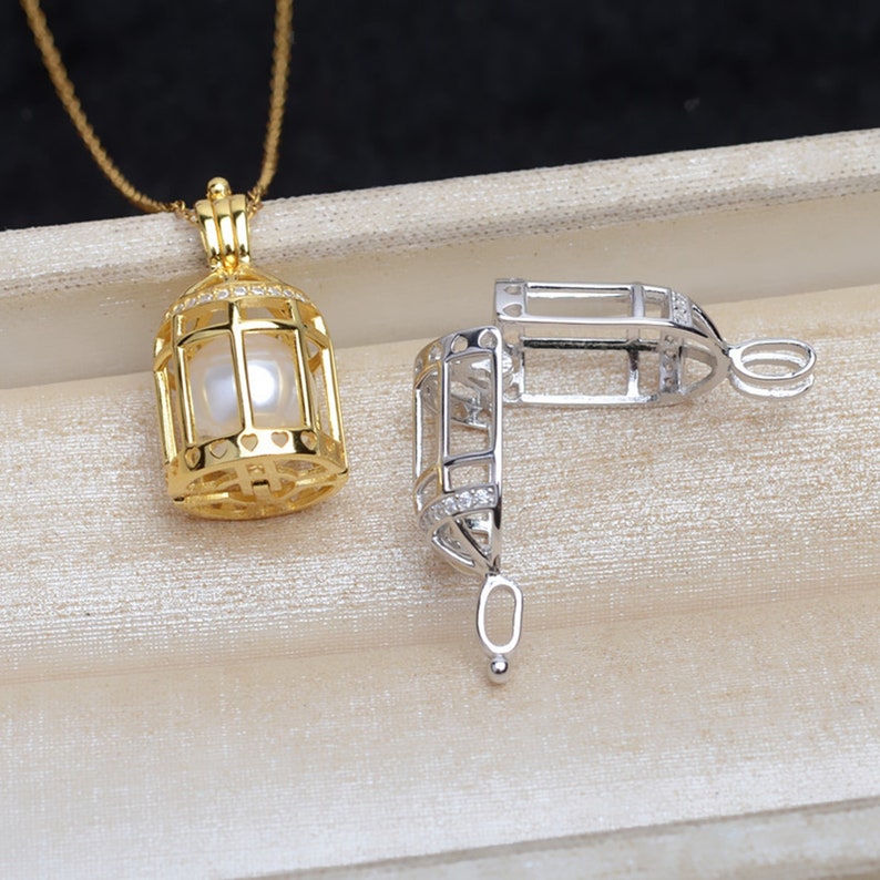 Sterling Silver Bird Cage Pendant Setting, S925 Silver Pearl Cage ...