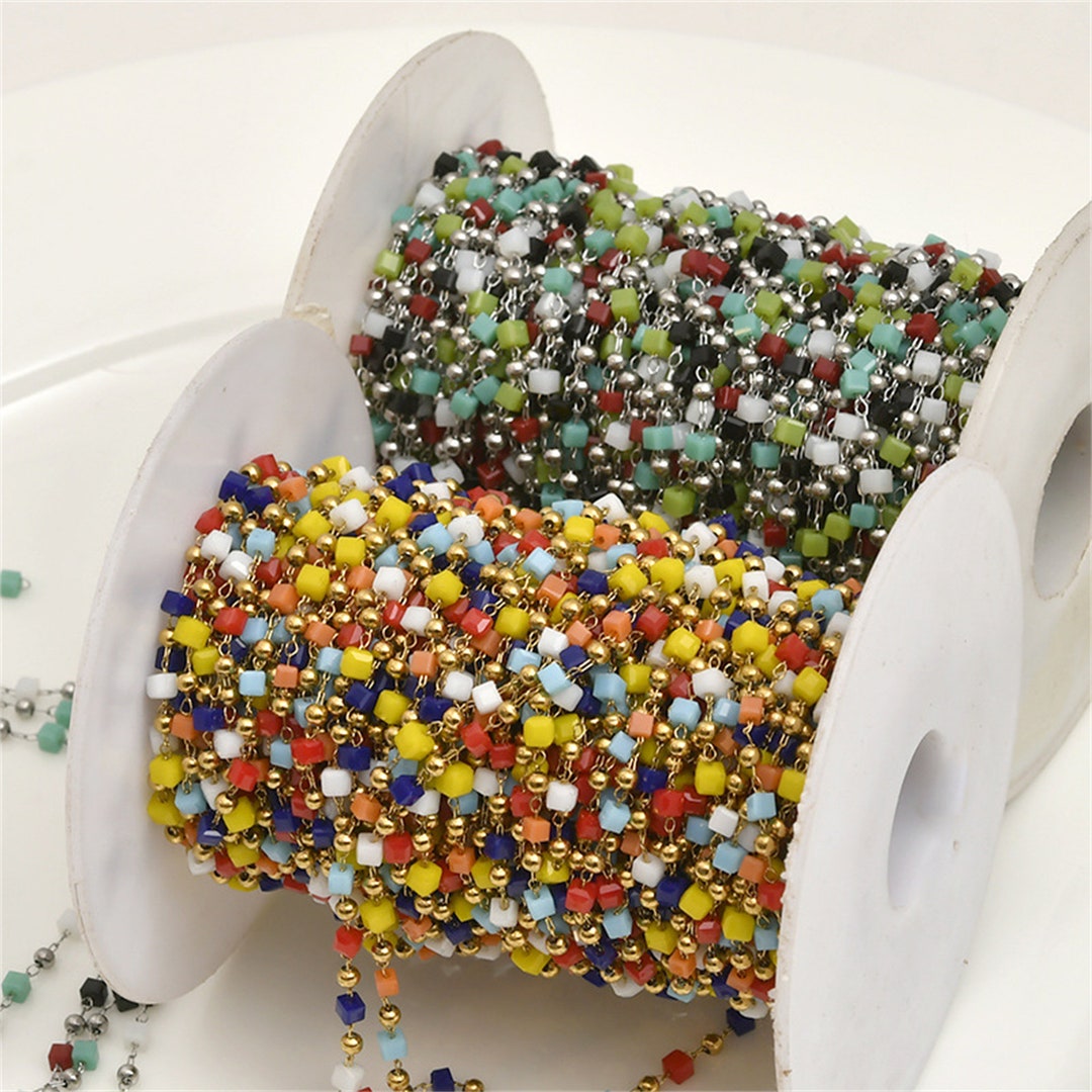 1 Meter Gold Plated Over Steel Round Bead Chain, Colorful Glaze Cube ...