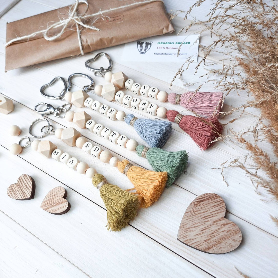 Wood Bead Tassel Keychain Wooden Beads Name Customized | Etsy