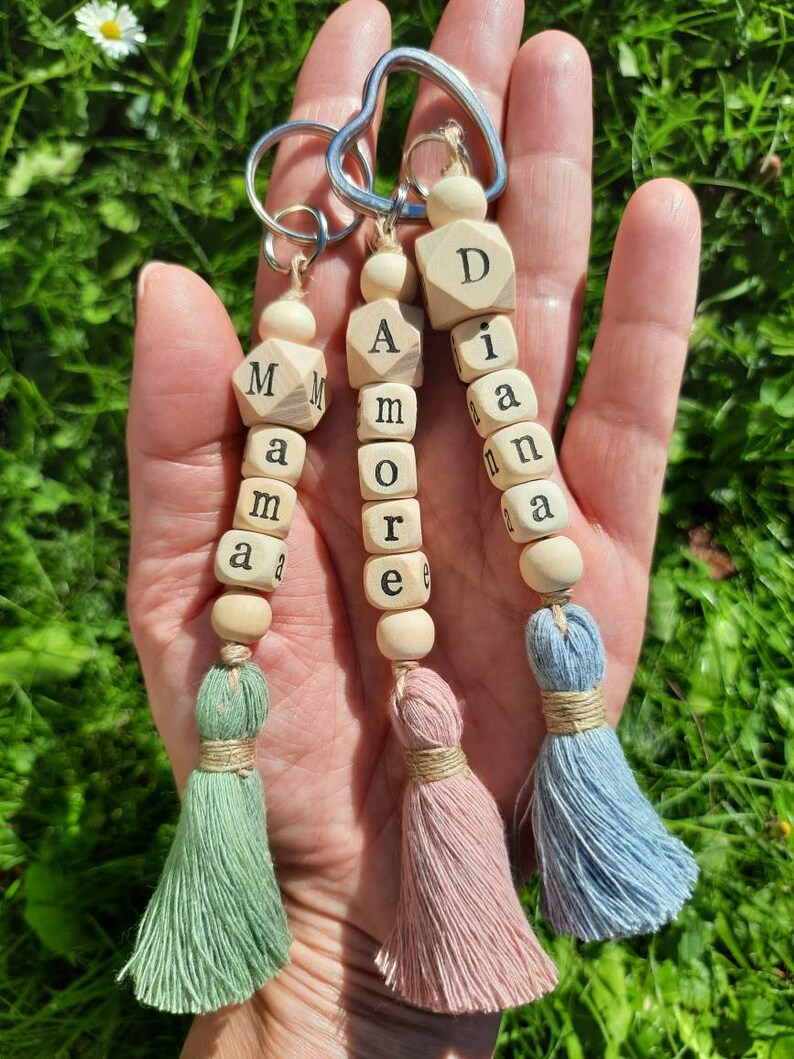 Custom Name Key Chain Wooden Beads Name Customized Keychain | Etsy