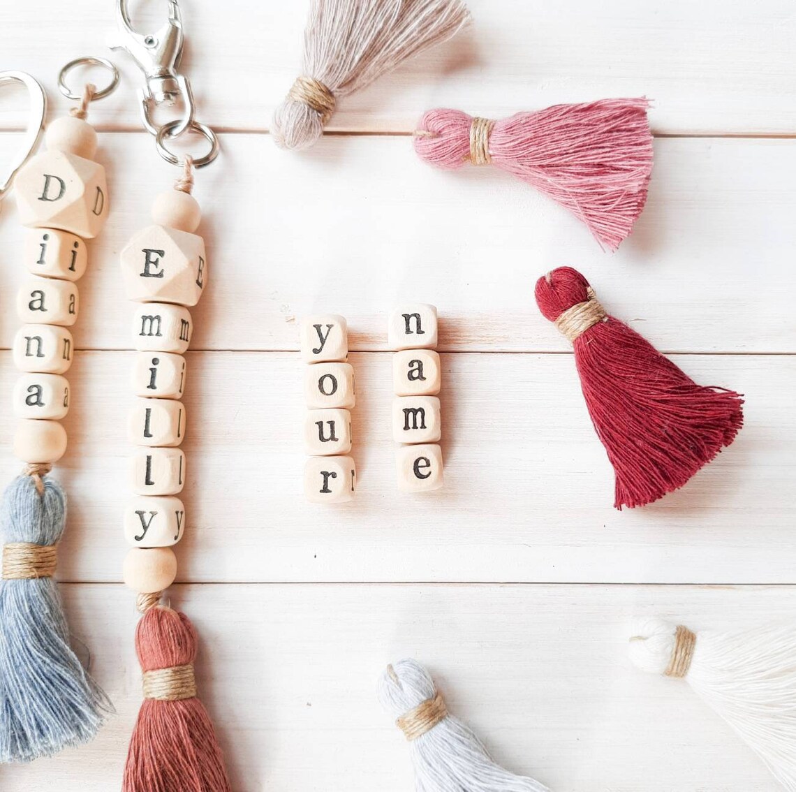 Custom Name Key Chain Wooden Beads Name Customized Keychain | Etsy