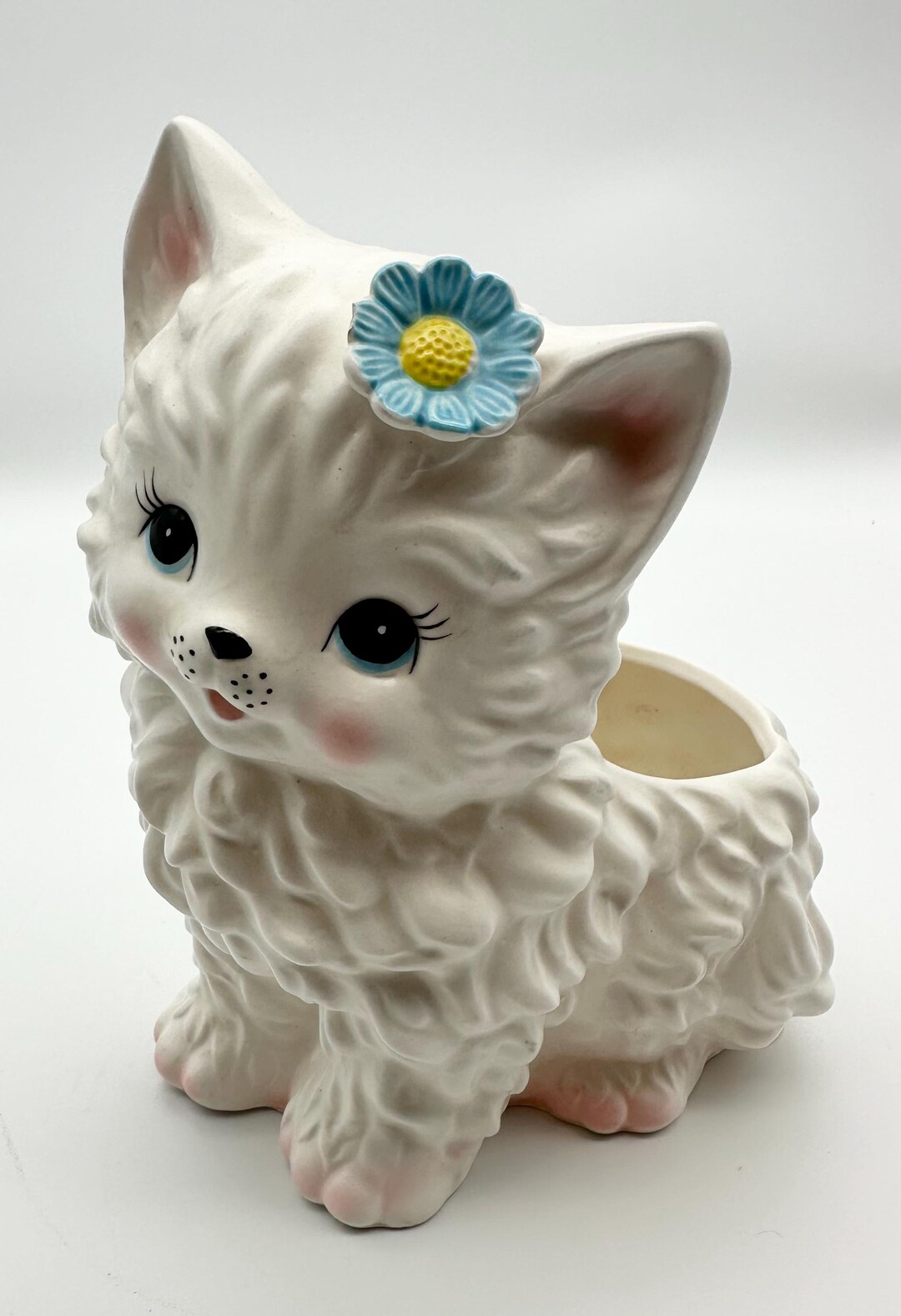 Vintage 1960s Inarco White Persian Cat Ceramic Planter - Blue Daisy on ...