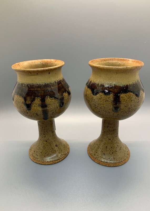 Vtg Studio Pottery Goblets / Wine Glasses Pair of Glazed - Etsy