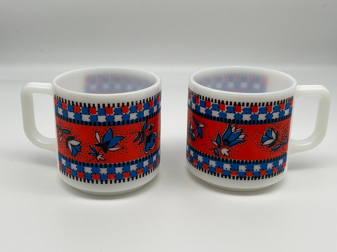Vintage Red and Blue Check Border Floral Milk Glass Mugs - Set of 2 ...