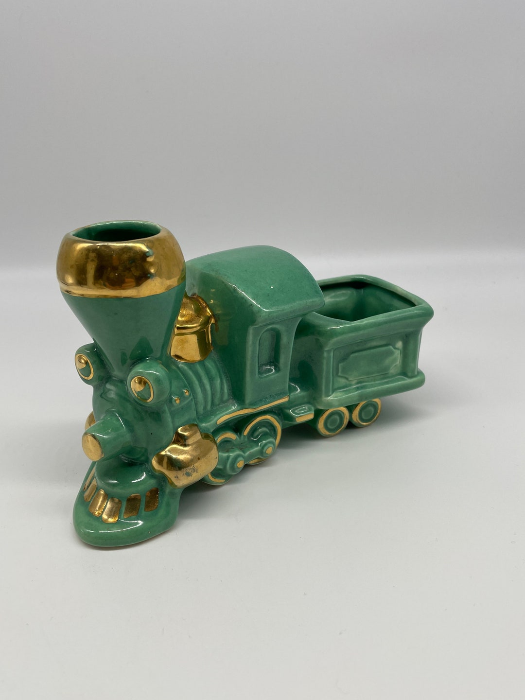 Vintage Green and Gold Alan Shaw Pottery Train Planter - Hole in ...