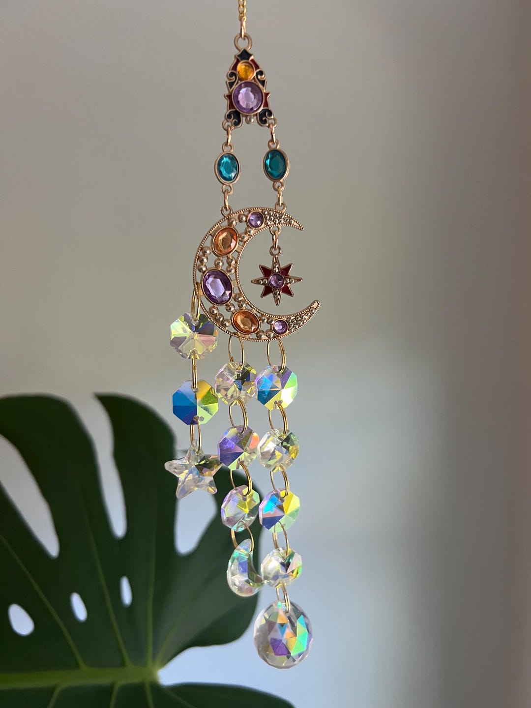 Celestial Moon & Star Sun Catcher – Handmade Gold Crystal Hanging Prism ...