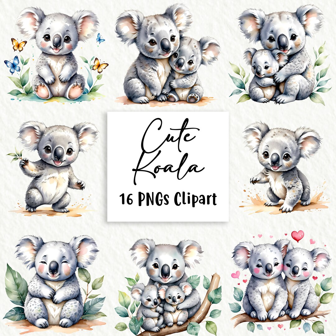Cute Watercolor Koala Clipart Bundle, 14 High-quality Pngs, Nursery ...