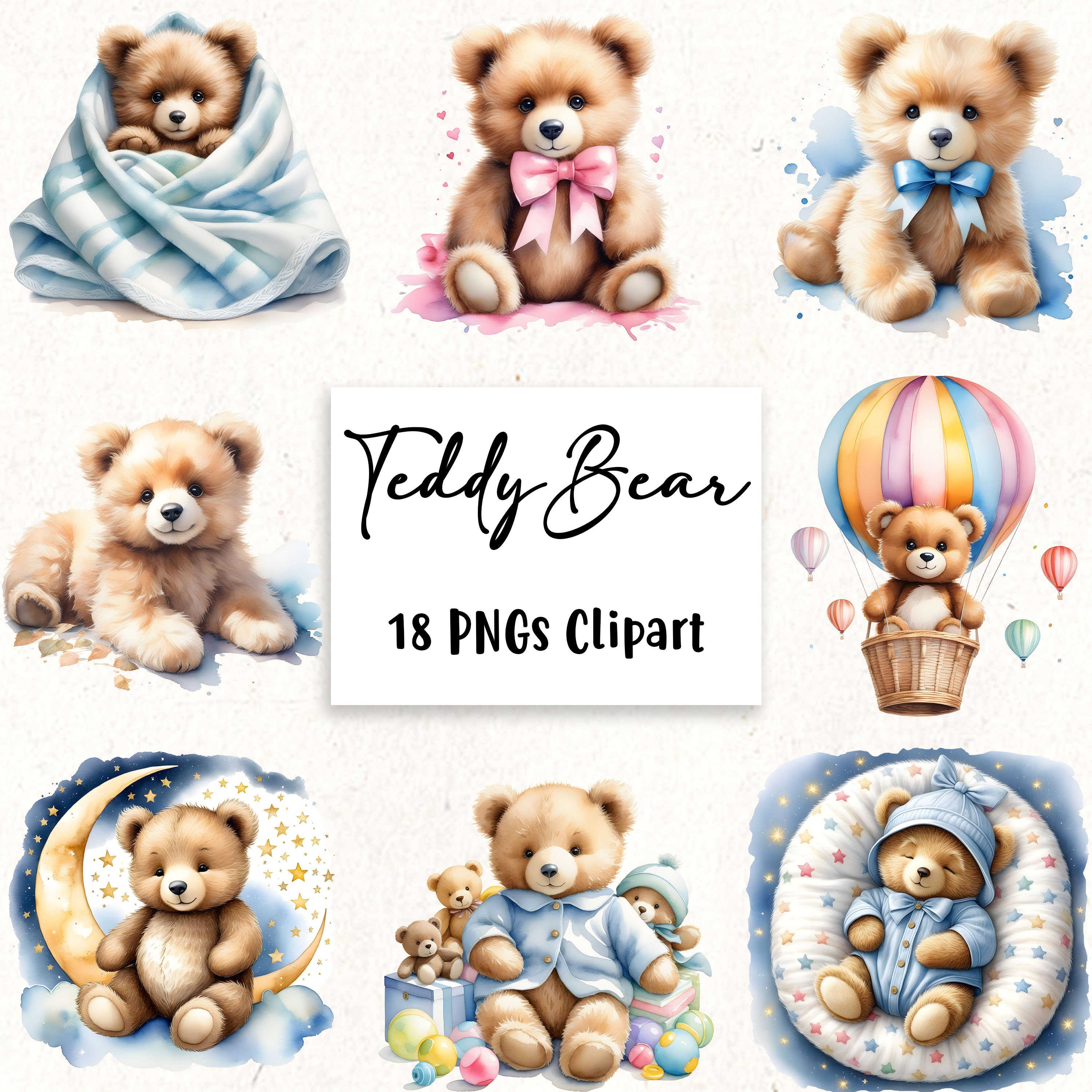 Watercolor Cute Teddy Bear Clipart Bundle, 18 High-quality Pngs, Wall ...