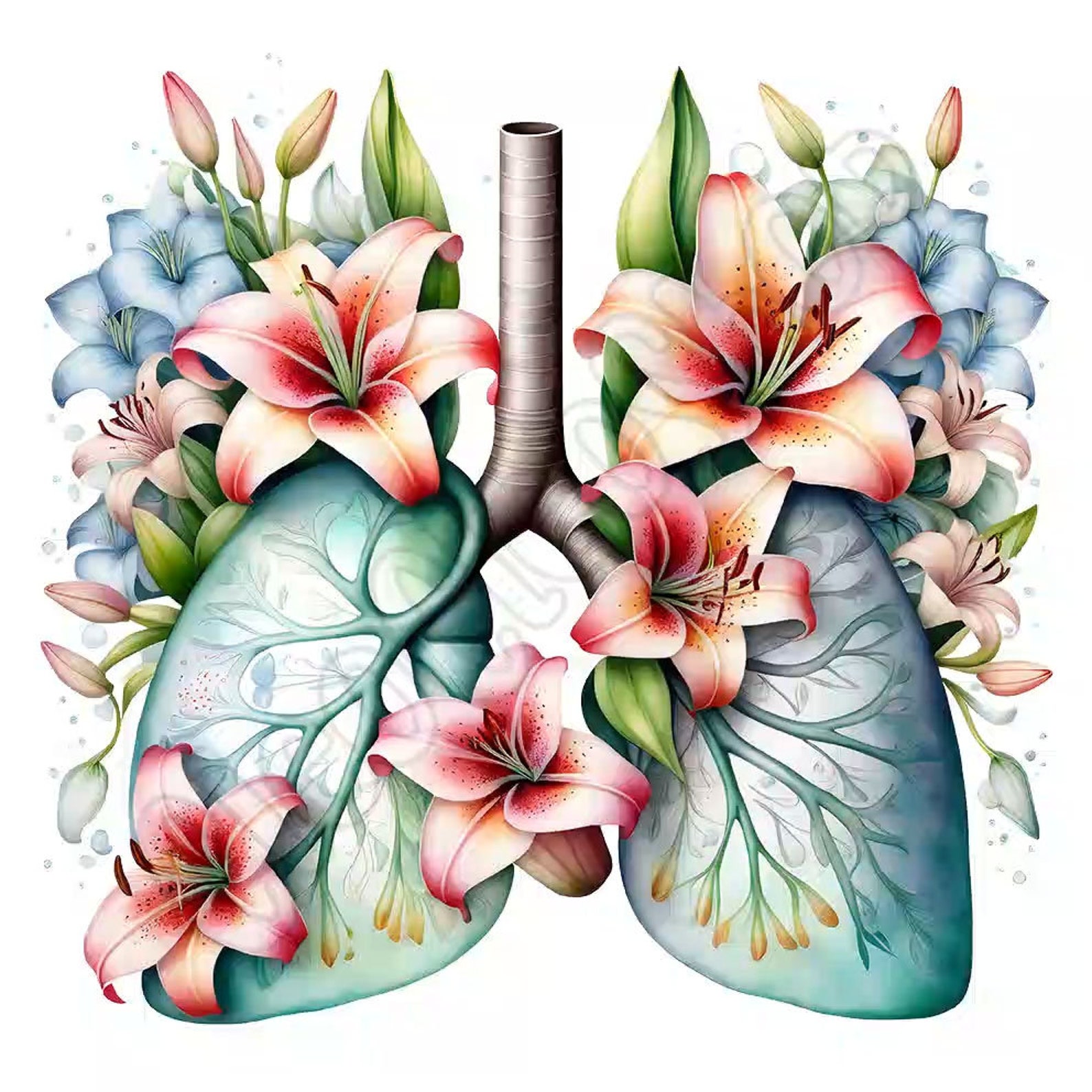 Cute Watercolor Floral Lungs Clipart Bundle, 14 High-quality Pngs, Wall ...