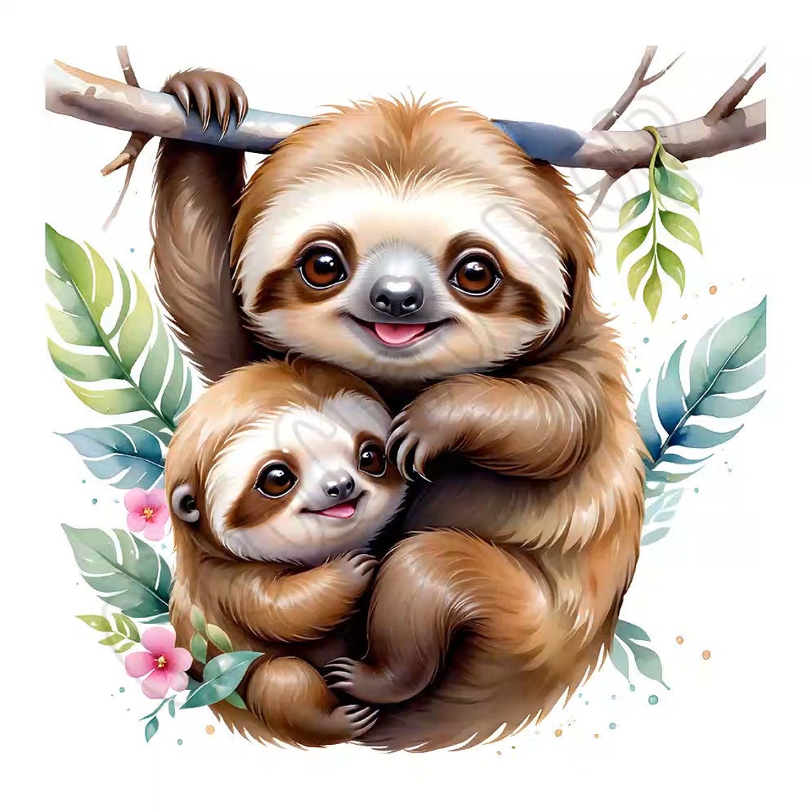 Watercolor Cute Sloth Clipart Bundle, 14 High-quality Pngs, Wall Art ...