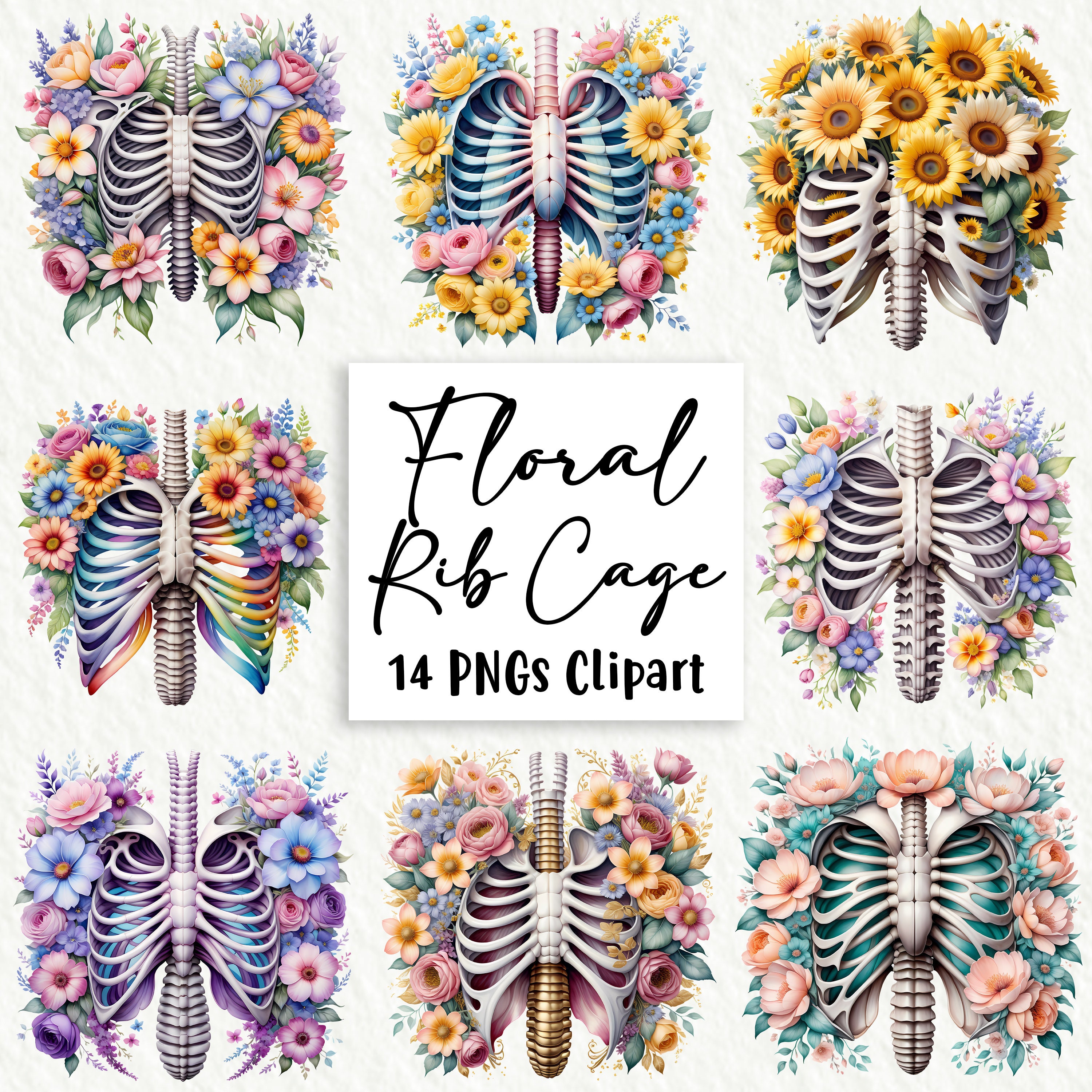 Cute Watercolor Floral Rib Cage Clipart Bundle, 14 High-quality Pngs ...